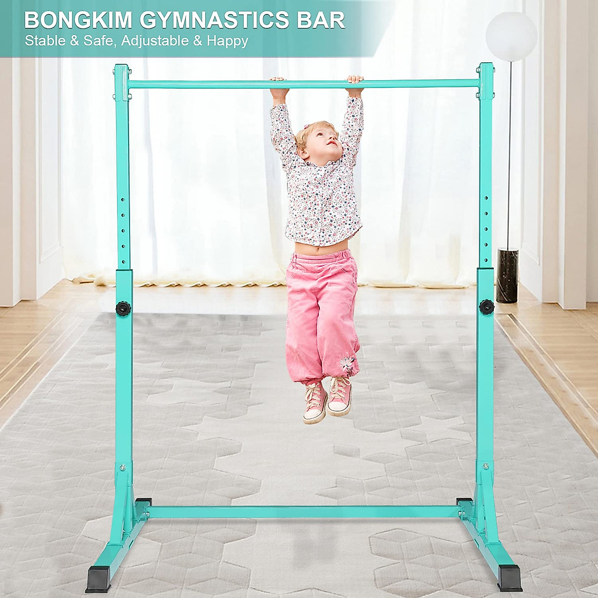 Bongkim Gymnastics Bar for Kids,Adjustable Height Gymnastic Horizontal Bars,Folding Gymnastics Equipment Junior Training Bar for Home Using,Stable Kids Training bar for Children (Teal)