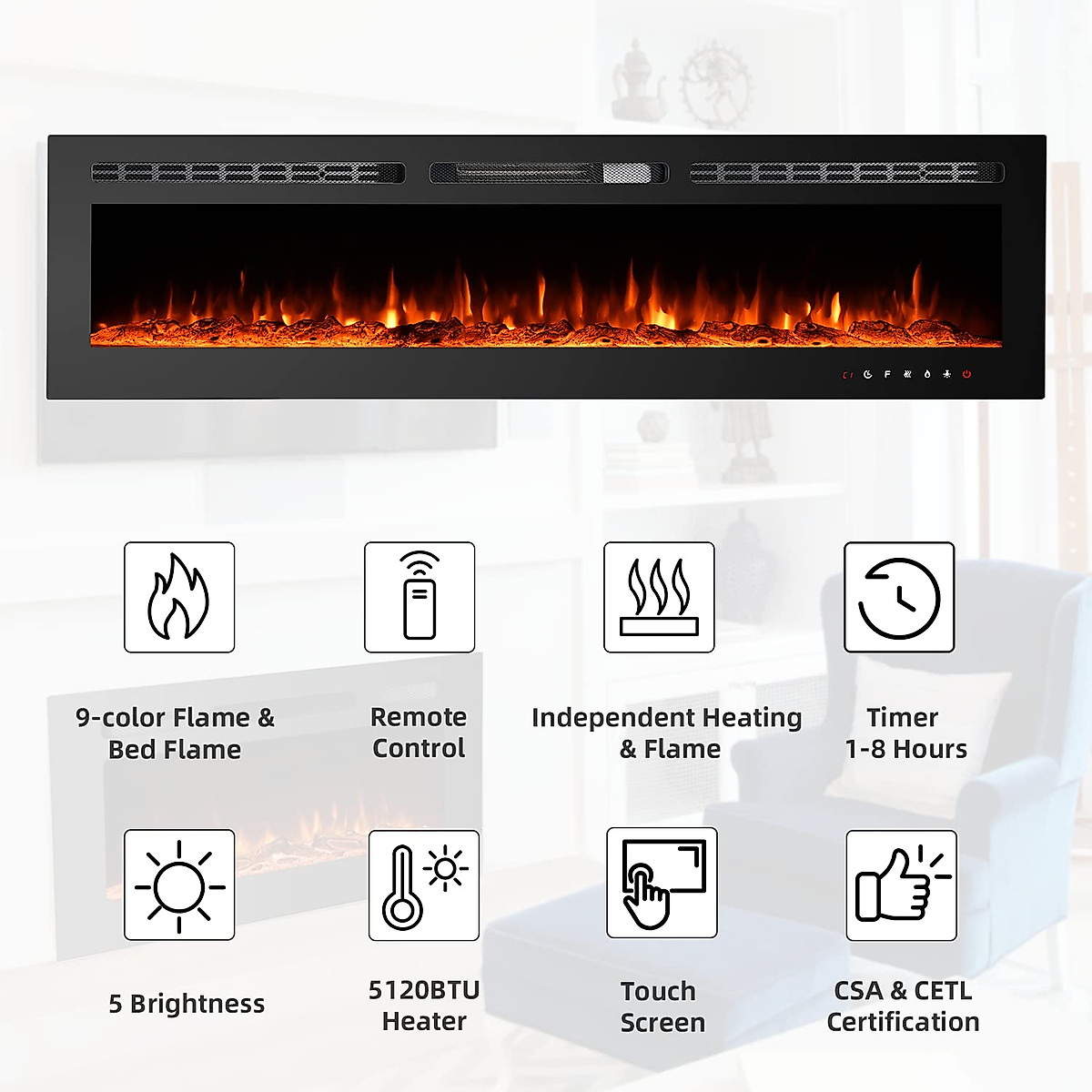 LIFETEN 60 in Electric Fireplace Insert,Recessed and Wall Mounted Fireplace Heater with Timer,Free Standing,Remote Control,Touch Screen,Overheating Protection,Log&Crystal,9 Adjustable Flame,750/1500W