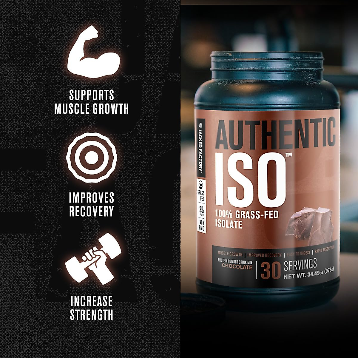 Jacked Factory Authentic ISO Grass Fed Whey Protein Isolate Powder - Low Carb, Non-GMO Muscle Building Protein w/No Fillers, Post Workout Recovery, Chocolate