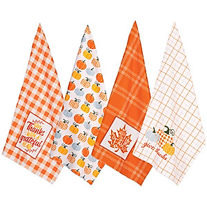 Whaline 4 Pack Thanksgiving Kitchen Towel Fall Harvest Dish Towel Super Absorbent Pumpkin Maple Leave Plaid Tea Towel Large Size Cloth Towel for Autumn Holiday Kitchen Coking Baking, 18 x 28 Inch