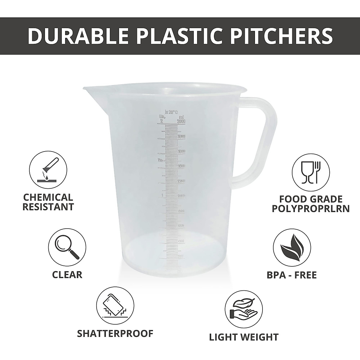 AppleTofu Appletofu Plastic Graduated Measuring and Mixing Pitcher - 2000ml Plastic Graduated Measuring Pitcher - Large Cylinder Graduated Measuring Container with Handle and Pour Spout - 2 Liter