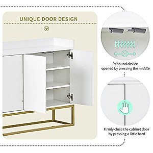 Modern Sideboard Elegant Buffet Cabinet with 4 Doors Storage Cupboard and Display Shelves,Buffet Server Console Table Floor Cabinet with Gold Metal Base for Dining Room/Entryway/Kitchen (White)