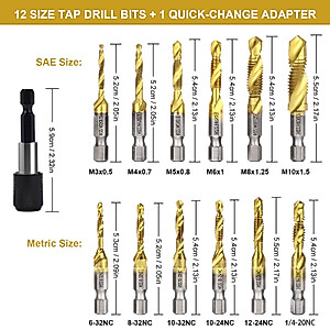 Valkynos Drill Tap Set with Quick-Change Adapter of 13Pcs, 6 SAE Sizes: 6-32NC to 1/4-20NC, 6 Metric Sizes: M3 to M10, Titanium Combination Drill & Tap Bit Set for Drilling Threads, Tapping