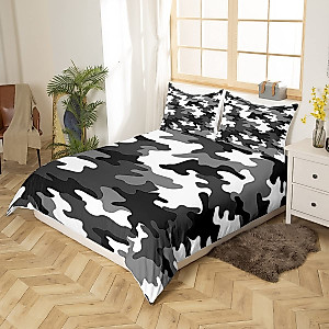 Army Camo Bedding Set, Black and Gray Military Style Camouflage Comforter Cover for Adult Boys Teens Abstract Art Pixel Design Duvet Cover, Soft Microfiber Durable Bedding Collection, Full Size