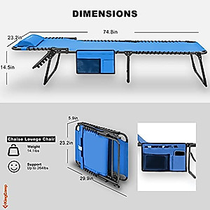 KingCamp Patio Chaise Lounge Chairs Reclining Folding Adjustable Outside with Pillow Lawn Pool Beach Sunbathing Camping Cot Outdoor, 74.8''x23.2''x14.5'', Cobalt Blue