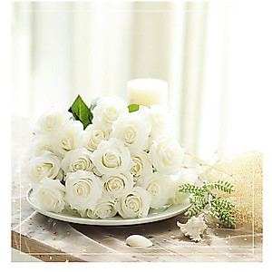 Amzali Artificial Flowers, Real Looking Blush Fake Rose Long Stem Silk Artificial Rose Flowers Home Decor for Bridal Wedding Bouquet, Centerpieces Birthday Flower Party Garden floral Arrangement White