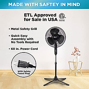 Comfort Zone CZST161BTEBK 16” Oscillating Pedestal Fan, 3-speed Options, 90-Degree Oscillating Head, Adjustable Height and Tilt, Powerful Air Flow, Black
