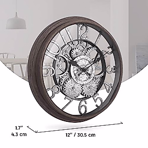 PresenTime & Co 12" Farmhouse Gear Clock, Silent no Ticking, Indoor/Outdoor Clock, Weatherproof, Grey Oak and Galvanized Finish. Wall Décor/Outdoor Décor for Living Room, Kitchen, Garden, and Patio.