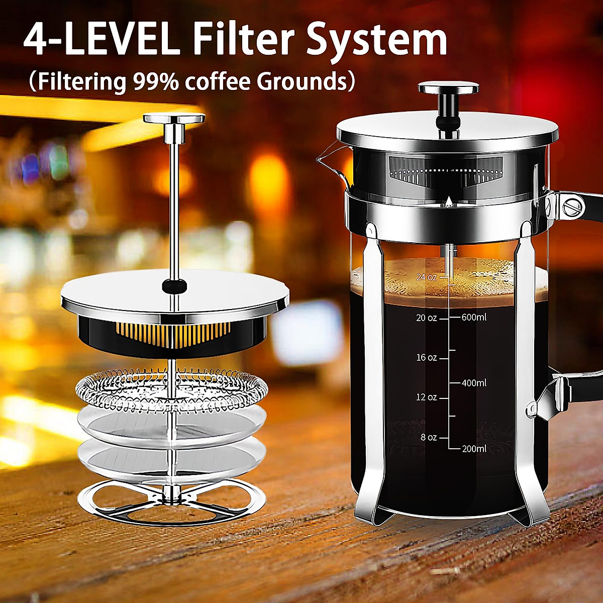 YMMIND French Press Coffee Maker 304 Stainless Steel Coffee Press,with 4 Filters System, Heat Resistant Thickness Borosilicate French Press Glass, BPA-Free Brewed Tea Pot Coffee Plunger