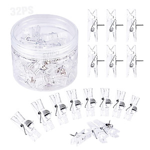 32 Pieces Reusable Push Pin Clips Photo Clips, Mini Transparent Plastic Tacks Thumbtacks Clothespins Decorative Craft Paper Clips for Cork Boards Wall Artworks Notes Photos Craft Accessories, Clear