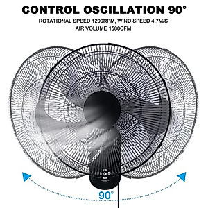 SLEE Wall Mount Fan Oscillating 18 Inch 3 Speed Indoor Outdoor with Remote Control Strong Wind