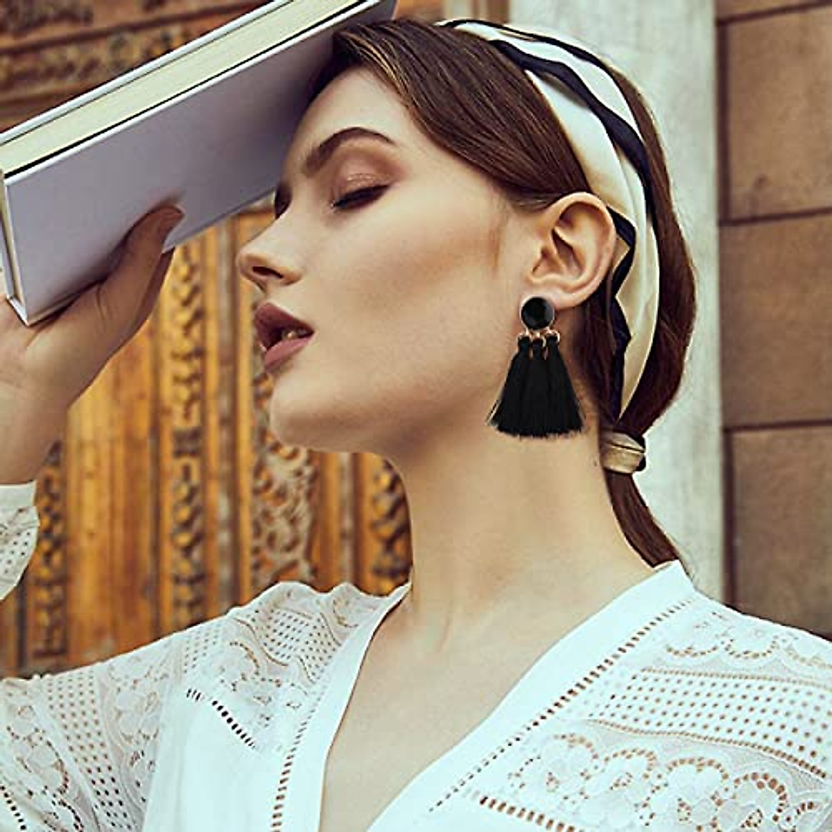 HAIAISO 9Pairs Clip on Drop Earrings for Women Statement Rattan Resin Acrylic Tassel Drop Dangle Earrings Lightweight Geometric Hoop Non Piercing Fashion Earrings-style