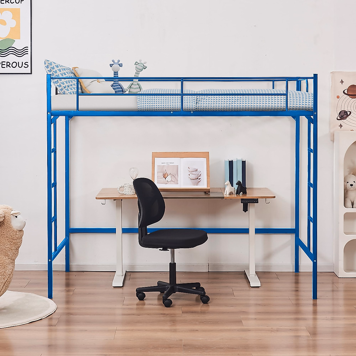 Pipleo Loft Bed Twin Size Metal Frame, Multifunctional Loft Bed with Ladder and Guardrail, Space-Saving, Modern Industrial Style, No Box Spring Needed