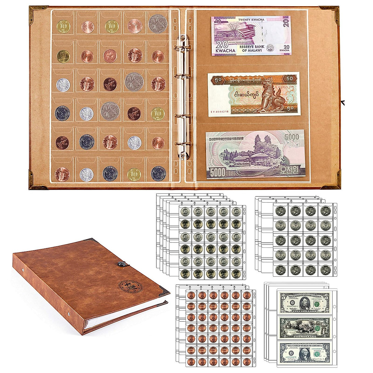 Ettonsun 398-Pocket 4-in-1 Leather Coin & Paper Money Collecting Holder Album,Large Coin Collection Book with 386 Coin Pockets & 12 Currency Pockets,Coin Collection Supplies Book Holder for Collectors