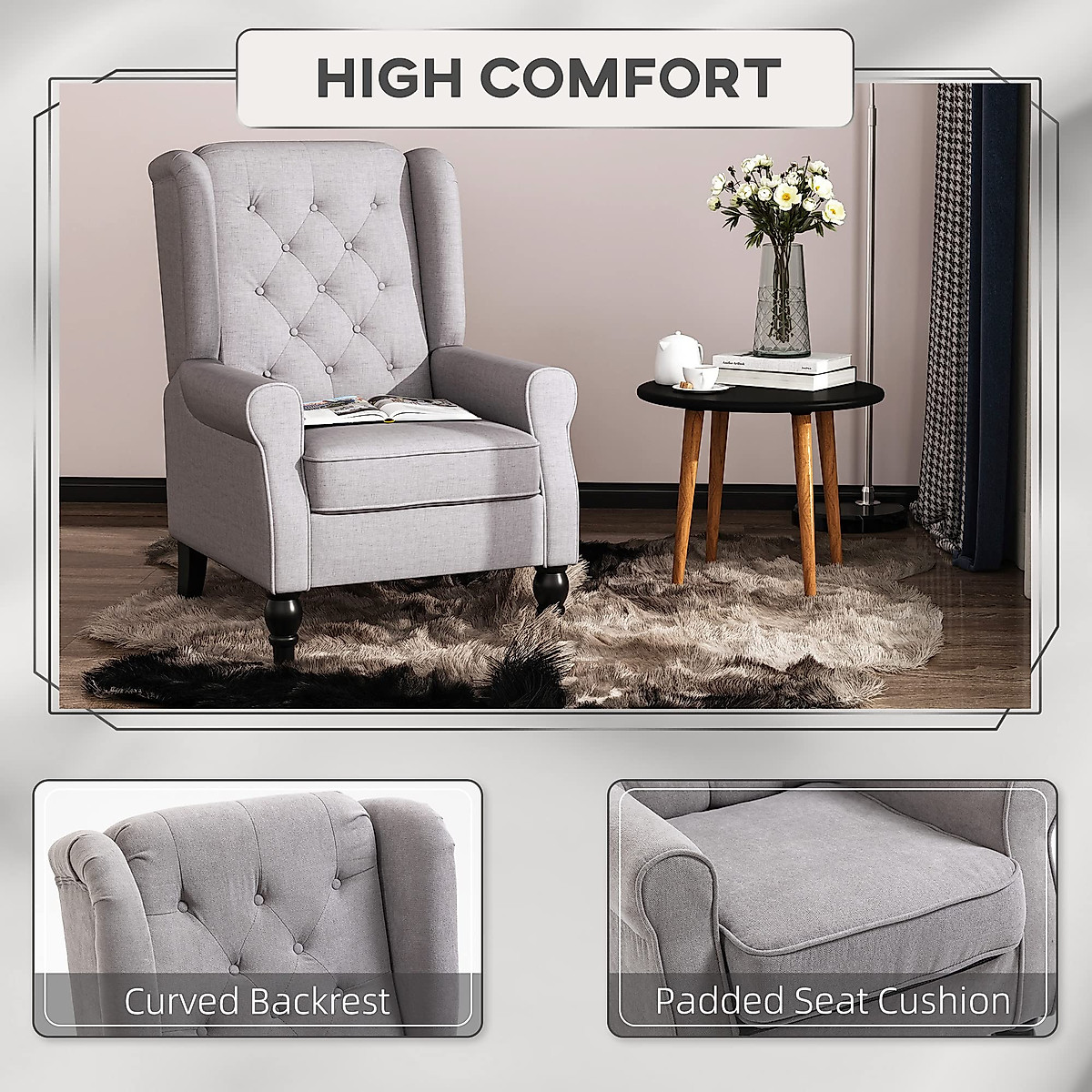HOMCOM Mid-Century Modern Accent Chair, High Wingback Chair, Button-Tufted Upholstered Fabric Armchair with Retro Wood Legs for Living Room, Bedroom, Gray