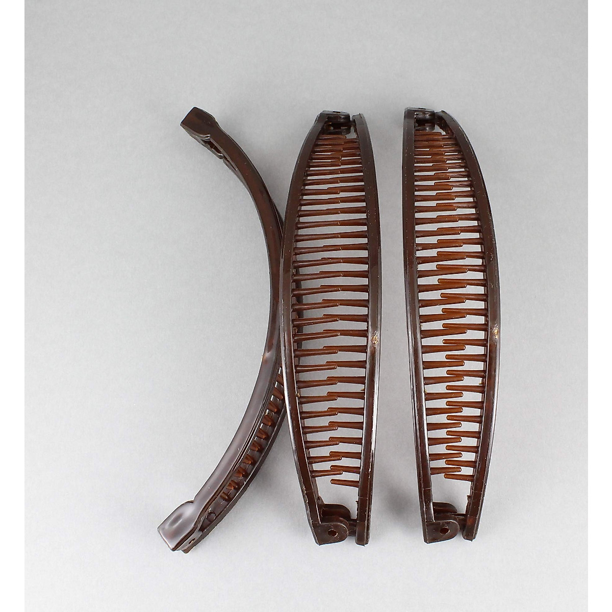 Brown set pack 3 banana hair clips comb claw teeth plastic 7inch long around the curve 80s style 5.5 inch straight line