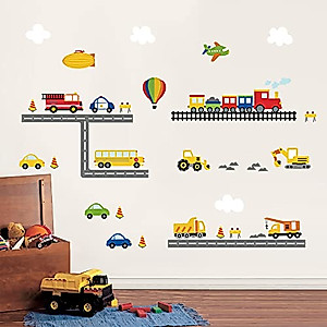 decalmile Construction Transportation Wall Decals Car Truck Plane Boys Wall Stickers Kids Bedroom Baby Nursery Playroom Wall Decor