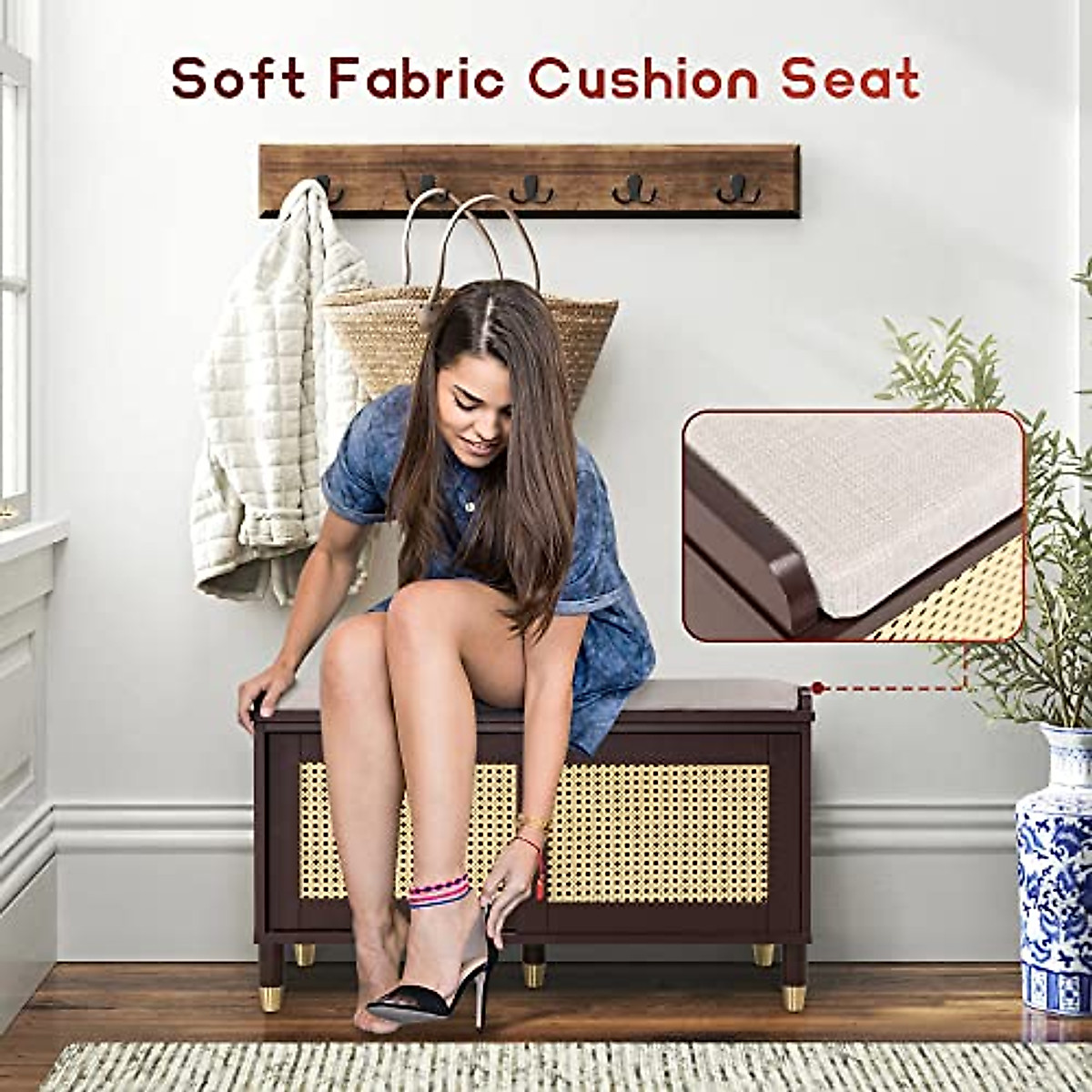 Anbuy Shoe Storage Bench for Entryway with Rattan Door, Rattan Shoe Rack Bench entryway Bench, Shoe Cabinet with Soft Cushion, Holds 300 lb, 31.5 x 13.78 x 19.1 inches (Red Brown)