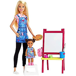Barbie Careers Doll & Playset, Art Teacher Theme with Blonde Fashion Doll, 1 Small Doll, Color-Change Easel & Accessories