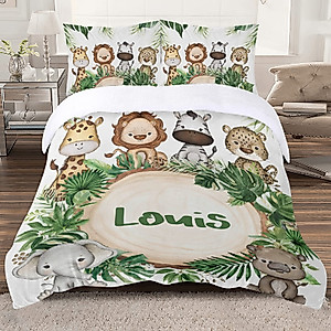 XIUCOO Personalized Adorable Jungle Safari Animals Duvet Cover Sets with Name Bedding Set 3 Pcs Quilt Cover with Zipper for Adult Birthday Gift,Queen Size