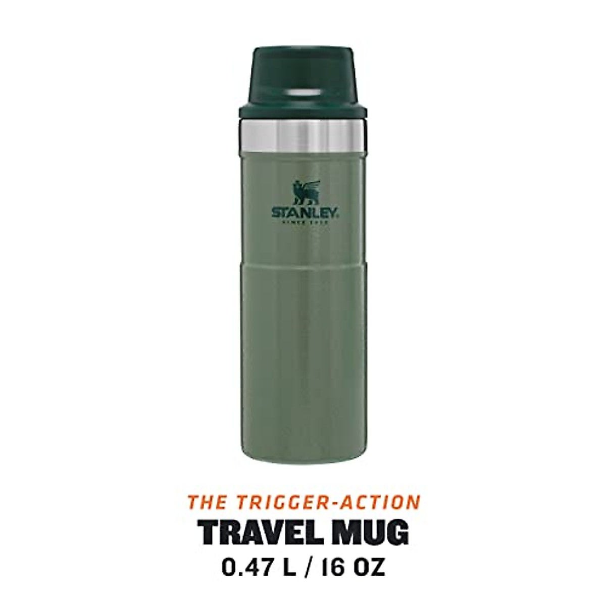 STANLEY Trigger Action Travel Mug 0.47L Hammertone Green – Keeps Hot for 7 Hours - BPA-free Stainless Steel Thermos Travel Mug for Hot Drinks - Leakproof Reusable Coffee Cups