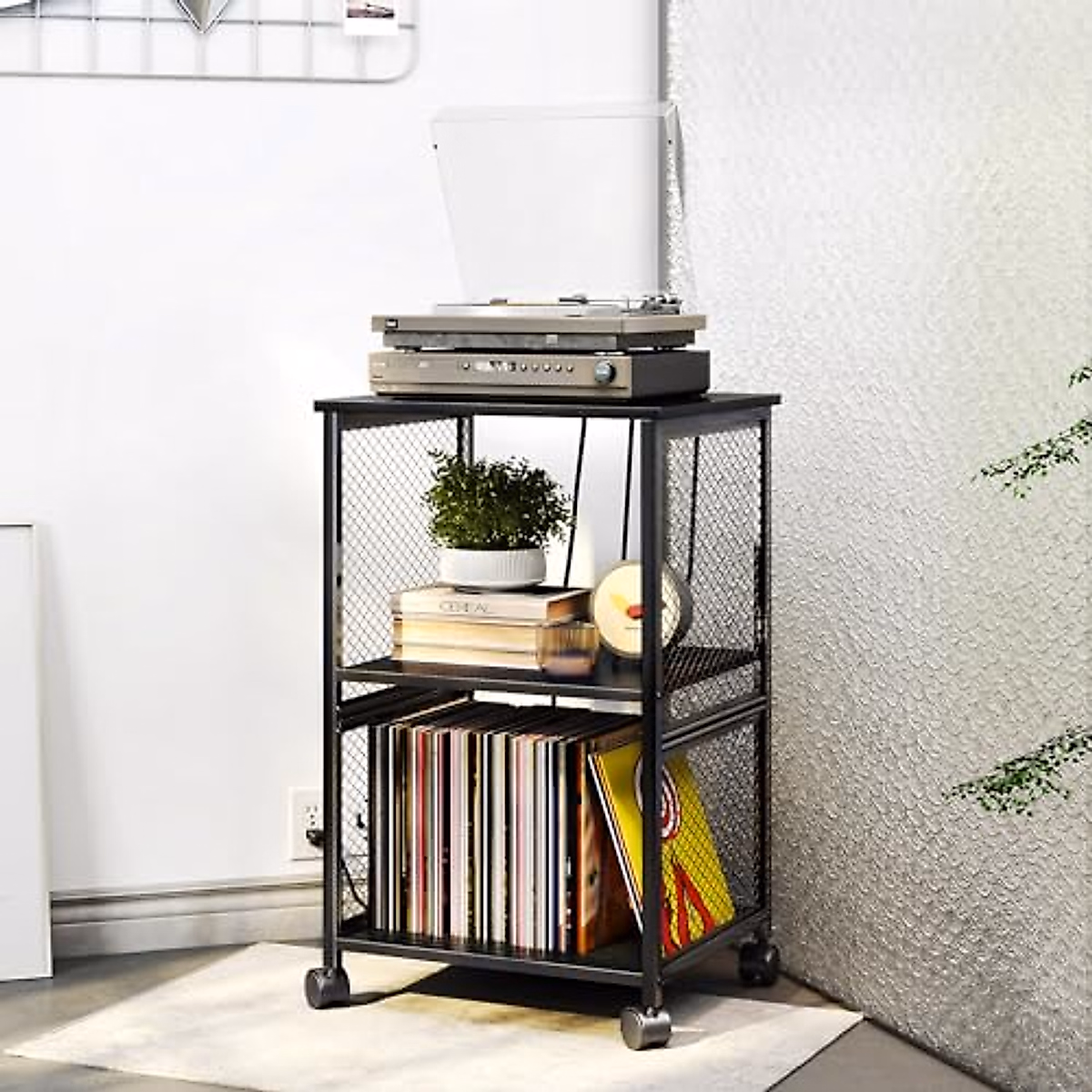 TC-HOMENY Vinyl Record Storage Table, 3-Tier Record Player Stand with 3 Quick-Release Divider Up to 200 Albums, Fashion Turntable Stand for Bedroom Living Room and Office