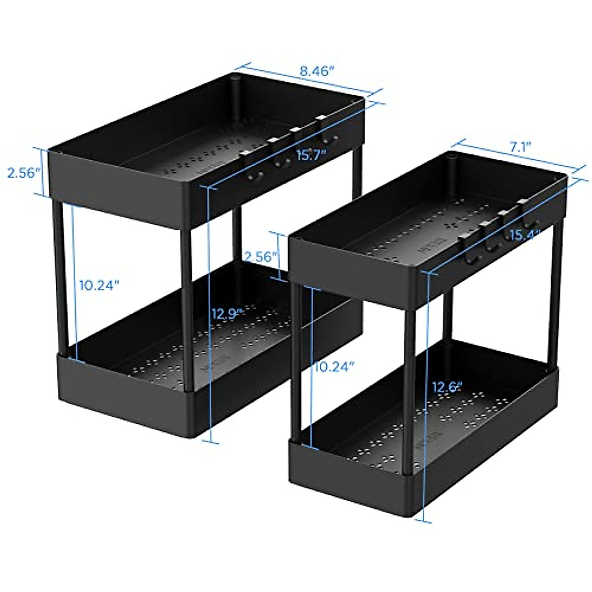 Wekin Under Sink Organizers & Storage 2 PCS, 2 Tier Under Cabinet Basket Organizer for Kitchen Bathroom, 2 Size Multi-Usage Storage Shelf with Hooks, Under the Sink Standing Stackable Rack for Bath