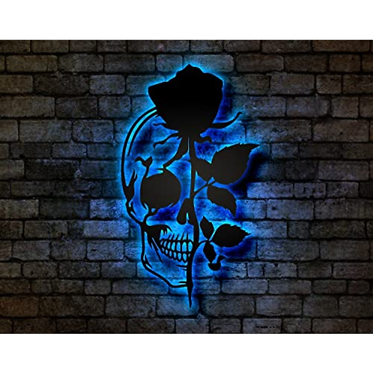 Skull With Rose Metal Wall Art With LED Lights, Flower Skull Signs, Sugar Skull, Skeleton Decor, Halloween Gothic Decor, Skull Roses Decor