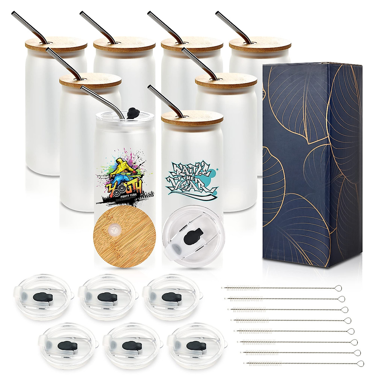 Laosh 8Pcs 16oz Frosted Sublimation Glass Blanks with Bamboo Lid and Plastic Lid, Sublimation Glass Cups Jar Tumbler Beer Can with Double Lid and Straw For Iced Coffee Juice Soda Drinks Beer
