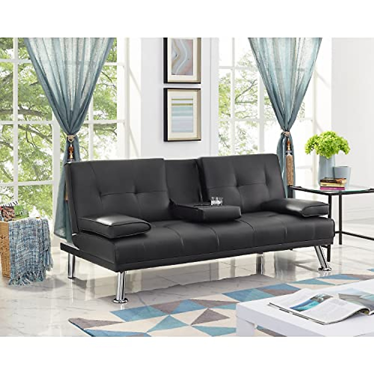 Naomi Home Black Futon Sofa Bed, Faux Leather Futon Couch with Armrest and 2 Cupholders, Pull Out Sofa Bed Couch with Metal Legs, Reclining Small Couch Bed, Black Couches for Living Room