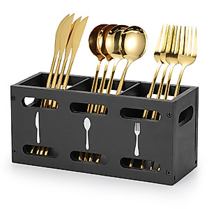 3 Compartment Wooden Kitchen Utensil Holder Organizer with 2 Adjustable Dividers,Silverware Organizer Farmhouse Utensil Caddy Crock for Counter Decor,Wall Mounted Kitchen Organizer and Storage Cutlery