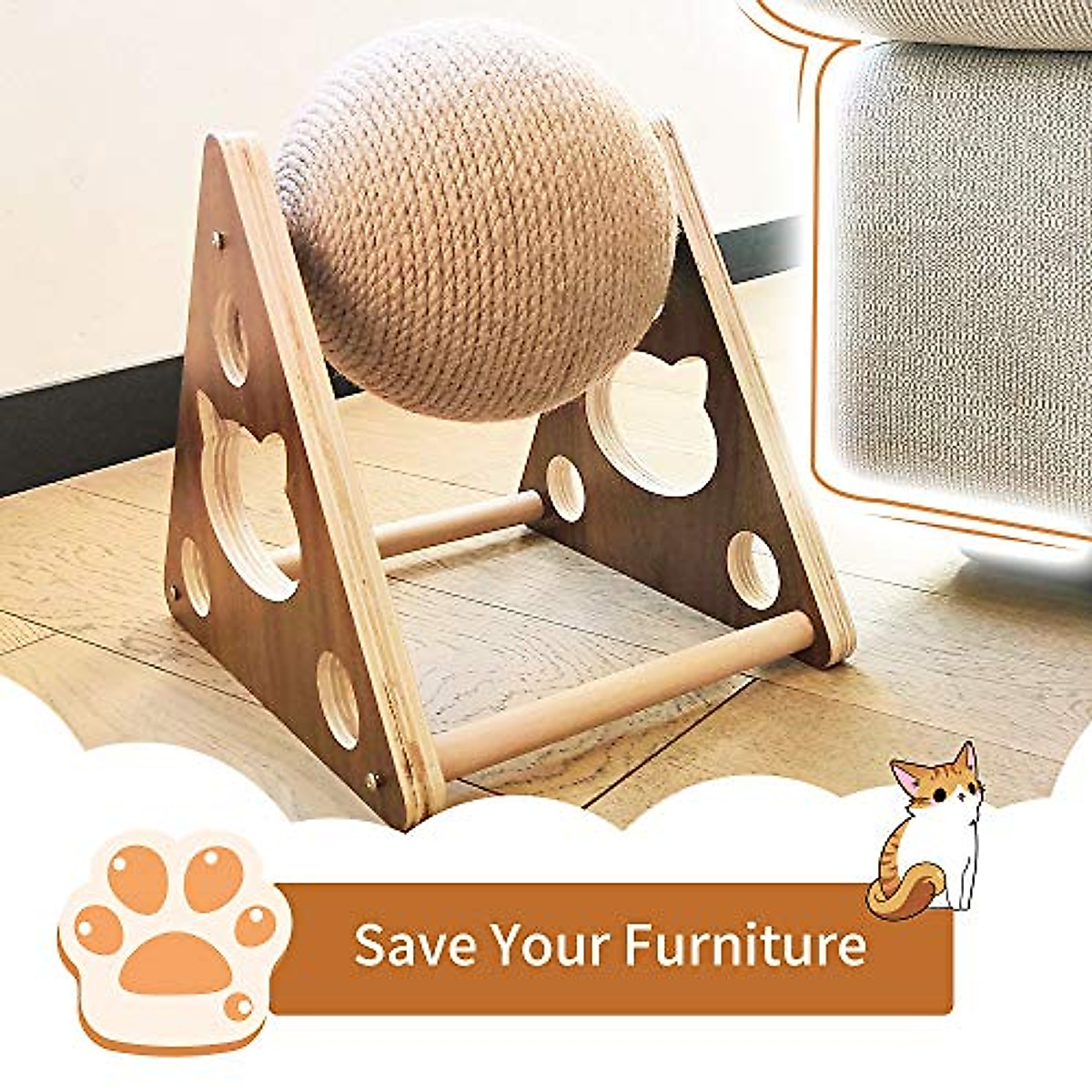 AGYM Cat Scratcher Toy, Natural Sisal Cat Scratching Ball, Cat Scratcher Toy with Ball, Scratching Ball for Cats and Kittens, Interactive Solid Wood Scratcher Pet Toy, Diameter 6.5 Inch