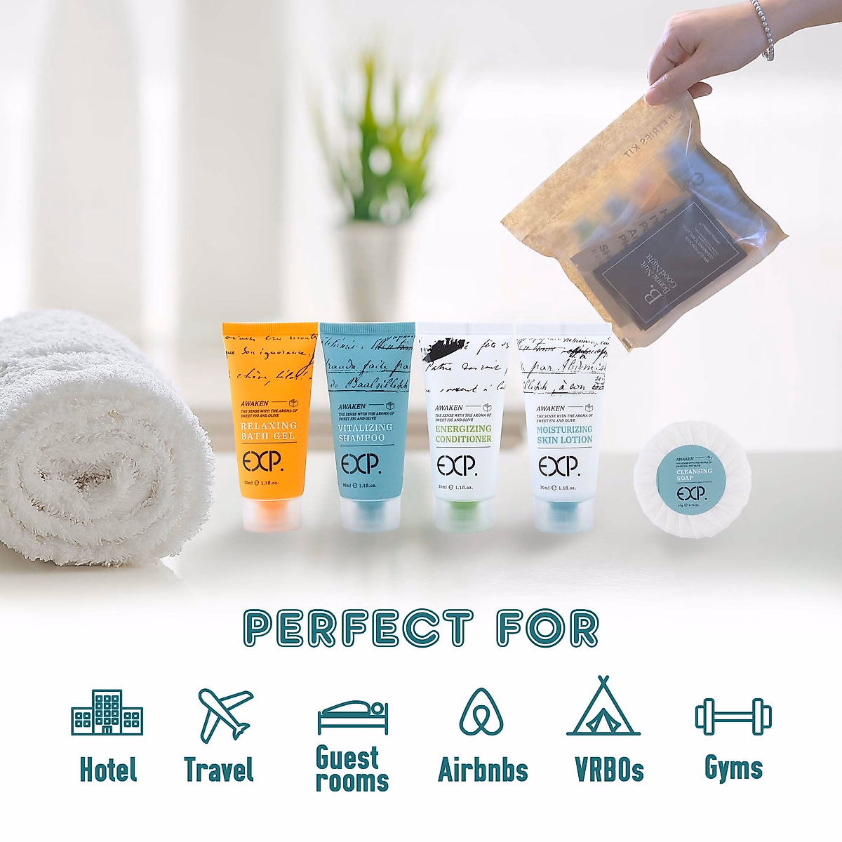 Guestsupply Kits 8-Piece with Travel Size TSA Compliant Essentials, Featuring: Shampoo Conditioner Shower Gel Body Lotion Soap bar Shower Cap Makeup Removers in Sealable Bag. 30 Disposable Toiletries.