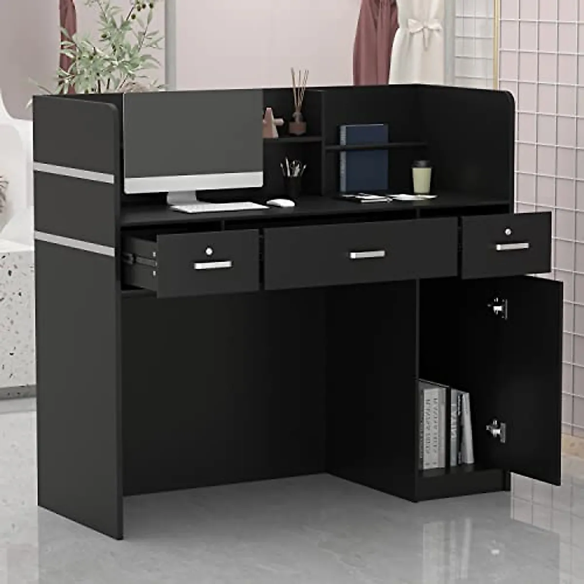 AGOTENI Reception Desk Reception Stations with Open Shelf & Drawers, Wooden Counter Desk with Lockable Drawer for Office Reception Room (Black)