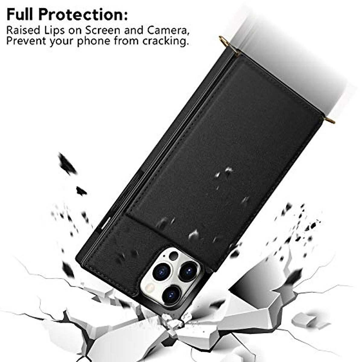 Vofolen Compatible with iPhone 12 Wallet Case iPhone 12 Cover with Credit Card Holder Lanyard Crossbody Strap Leather Magnetic Clasp Kickstand Heavy Duty Protective Square Flip Cover Black