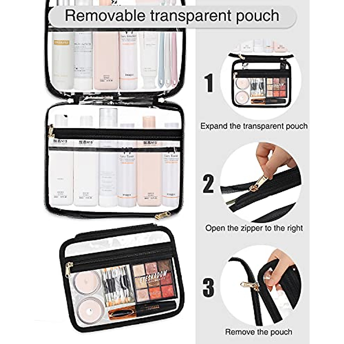 Hanging Toiletry Bag, Clear Travel Toiletry Bag with Detachable TSA Approved Clear Bag Airline 3-1-1 On Compliant Bag Large Makeup Bag for Men and Women (Black)