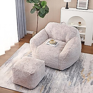 LITA Bean Bag Chair with Ottoman, Fur Faux Armrests Accent Chair High-Density Foam Filled Giant Lazy BeanBag Sofa with Pocket & Foot Stool for Living Room, Bedroom, Coffee