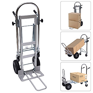 3 in 1 Heavy Duty Aluminum Hand Truck with Double Grip Handles, Industrial Convertible Hand Truck Dolly Cart with Handle, 1200 LBS Capacity Moving Dolly Hand Truck Flatform Cart with 10" Rubber Wheels
