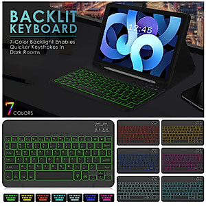 DETUOSI for iPad Air 2 Keyboard Case, for iPad 9.7" 2017/2018 Keyboard Case with Apple Pencil Holder, Detachable Wireless 7-Colors Backlit Keyboard + PU Leather Cover for iPad Pro 9.7", for iPad Air 1