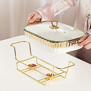Rectangular Porcelain Casserole Warming Trays for Food, Ceramics Chafers, and Buffet Warmers Sets, Gold Plating Serving Dishes (Large 2.4 quarts)