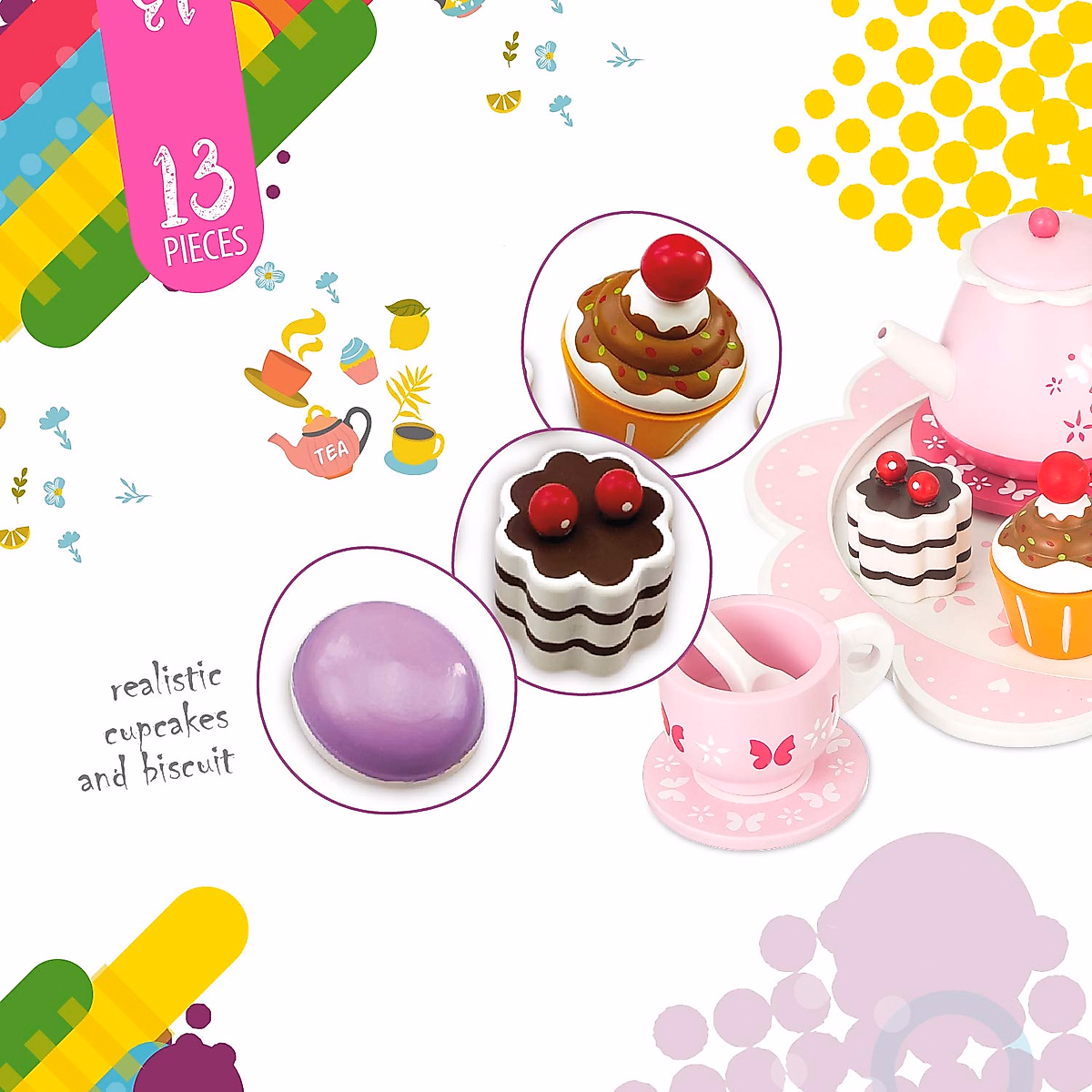 13 Pc Wooden Tea Set Toy - Includes Wood Tea Pot, Carrying Tray, teacups, Cupcakes. Made with Premium Materials - Encourages Pretend Play and Communication Skills - Wooden Toys for Children 3+