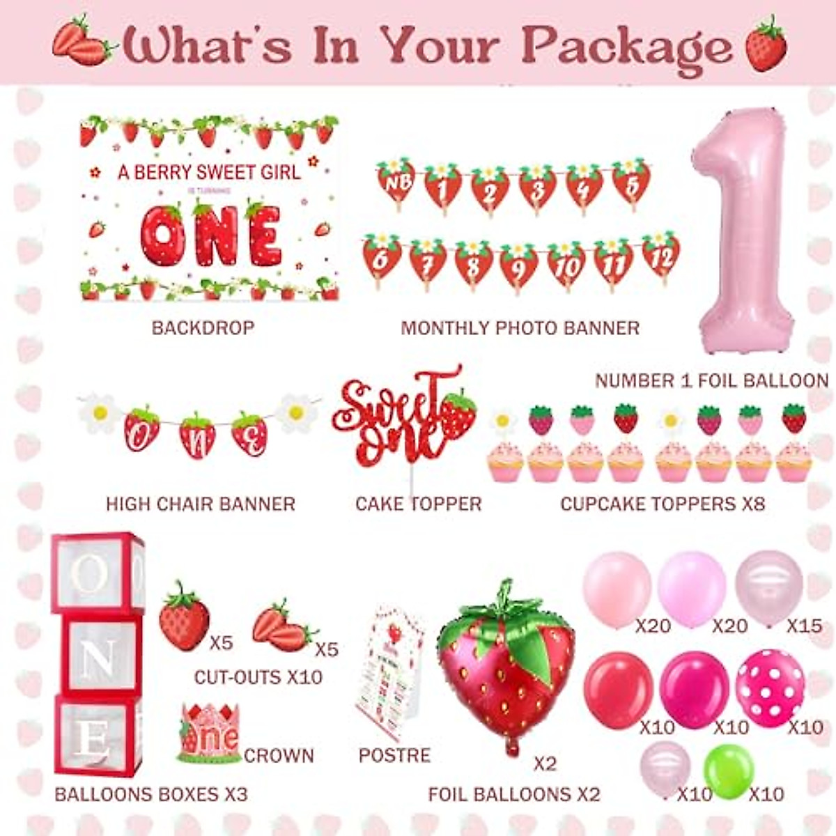 Berry Sweet One Birthday Party Decorations, Fiesec Berry First Strawberry 1st Birthday Party Decorations Backdrop Balloon Garland Monthly Photo High Chair Banner Box Cutout Crown Poster