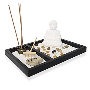 Japanese Mini Zen Garden with Incense Holder, and White Miniature Buddha Statue for Relaxation and Meditation, Perfect Home Desk Decor and Gift Set - 7" x 8.5" x 6.5"