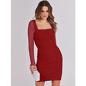 ANRABESS Women's Square Neck Mesh Ruched Bodycon Mini Dress Puff Long Sleeve Sexy Cocktail Party Short Dresses 2024 Large Red
