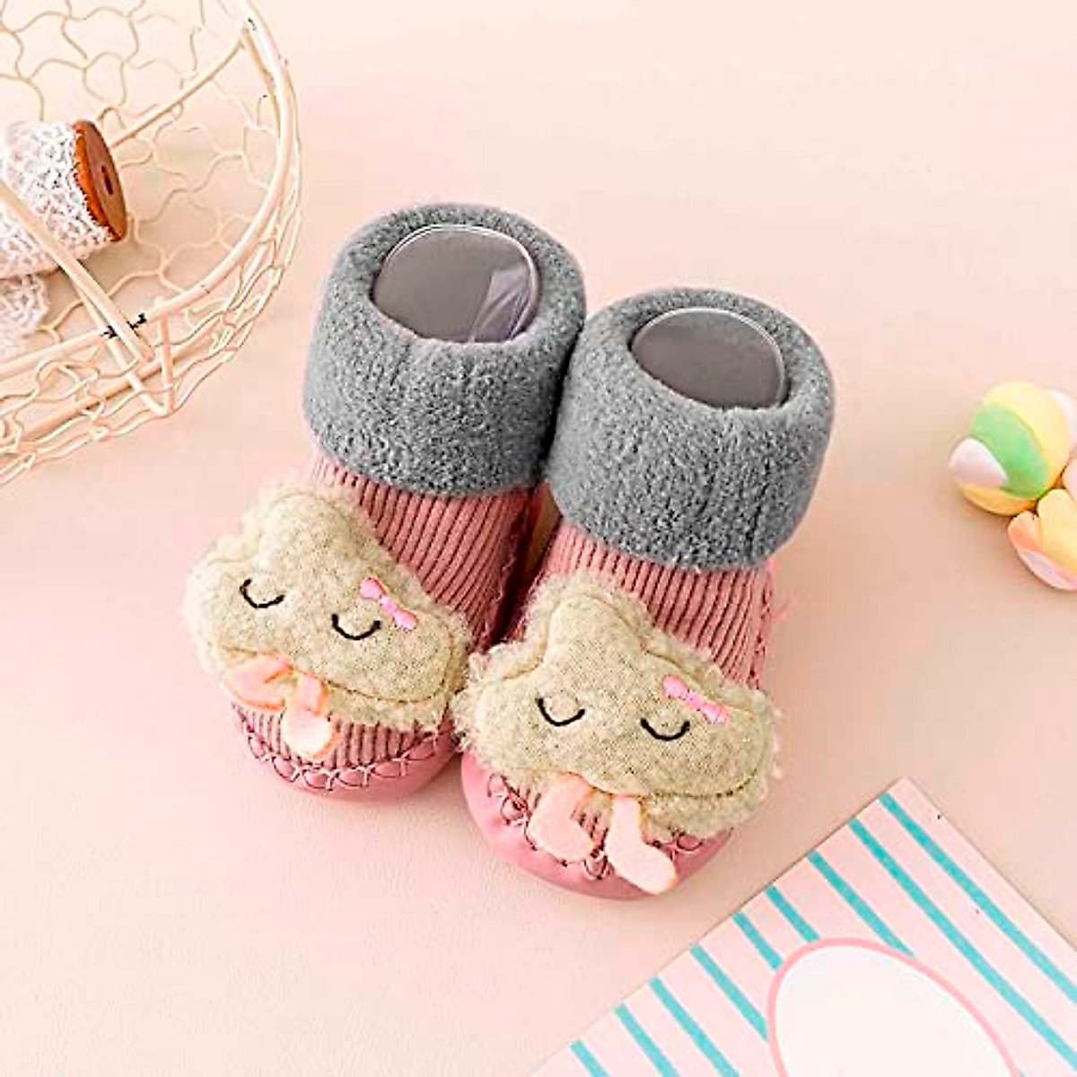 Autumn and Winter Boys and Girls Children Socks Shoes Non Slip Indoor Floor Baby Toddler Sports Shoes Warm and Comfortable Cute Cartoon Pattern Girls Shies (Pink, 12-18 Months)