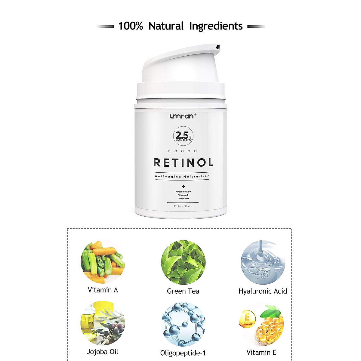 Umran Premium Retinol Cream, Anti-Aging Moisturizer Cream 2.5% for Face and Eye Care, Anti-Wrinkle Essence with Hyaluronic Acid, Day and Night Cream, Vitamin E and Green Tea, 50ml, 1.7 Fl.Oz…