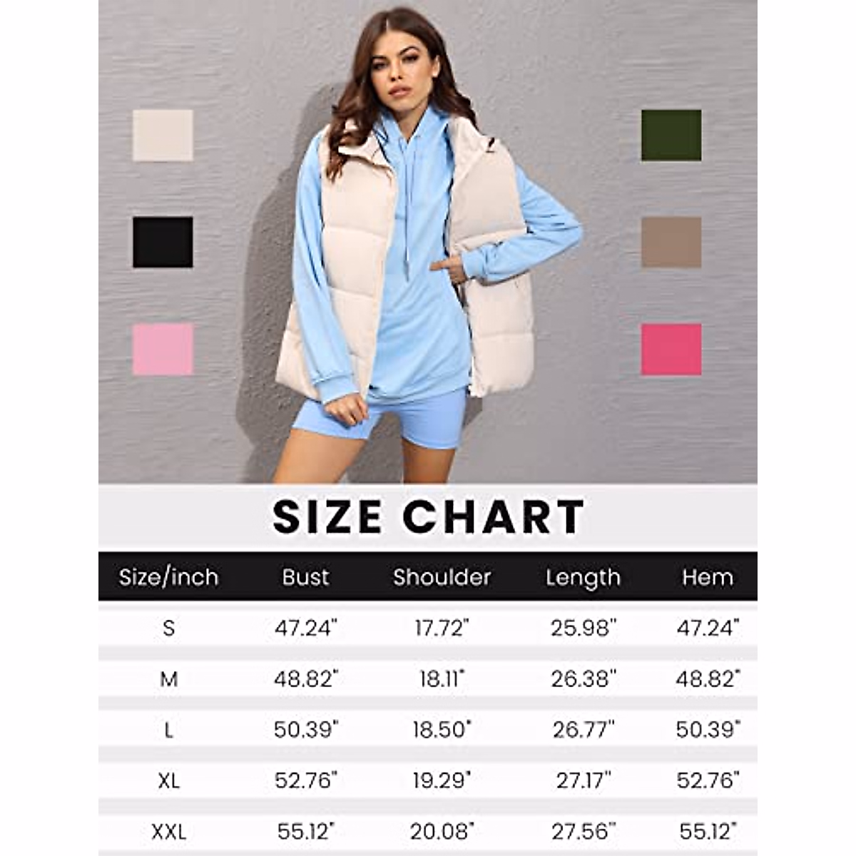 Watashi Women's Quilted Puffer Vest Stand Collar Fall Drawstring Zip Up Sleeveless Gilet Jacket(ArmyGreen-M)