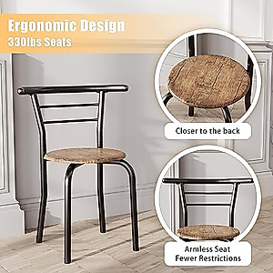 JUMMICO 3-Piece Wooden Round Table & Chair Set, Space Saving Kitchen Breakfast Nook Wood Grain Tabletop with Metal Frame and Built-in Wine Rack for Kitchen, Dining Room (Brown/Black)