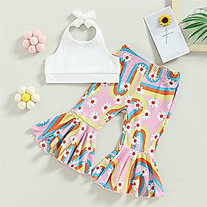 LAGKIYOJ Toddler Kids Baby Girl Boho Clothes Sleeveless Ribbed Tank Tops Floral Print Bell Bottoms Flare Pants Summer Outfit (White,12-18M)