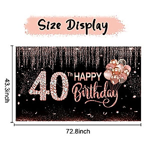 Happy 40th Birthday Banner Decorations for Women, Rose Gold 40 Year Old Birthday Backdrop Sign Party Supplies, Large Happy Forty Birthday Photo Booth Props Background for Outdoor Indoor